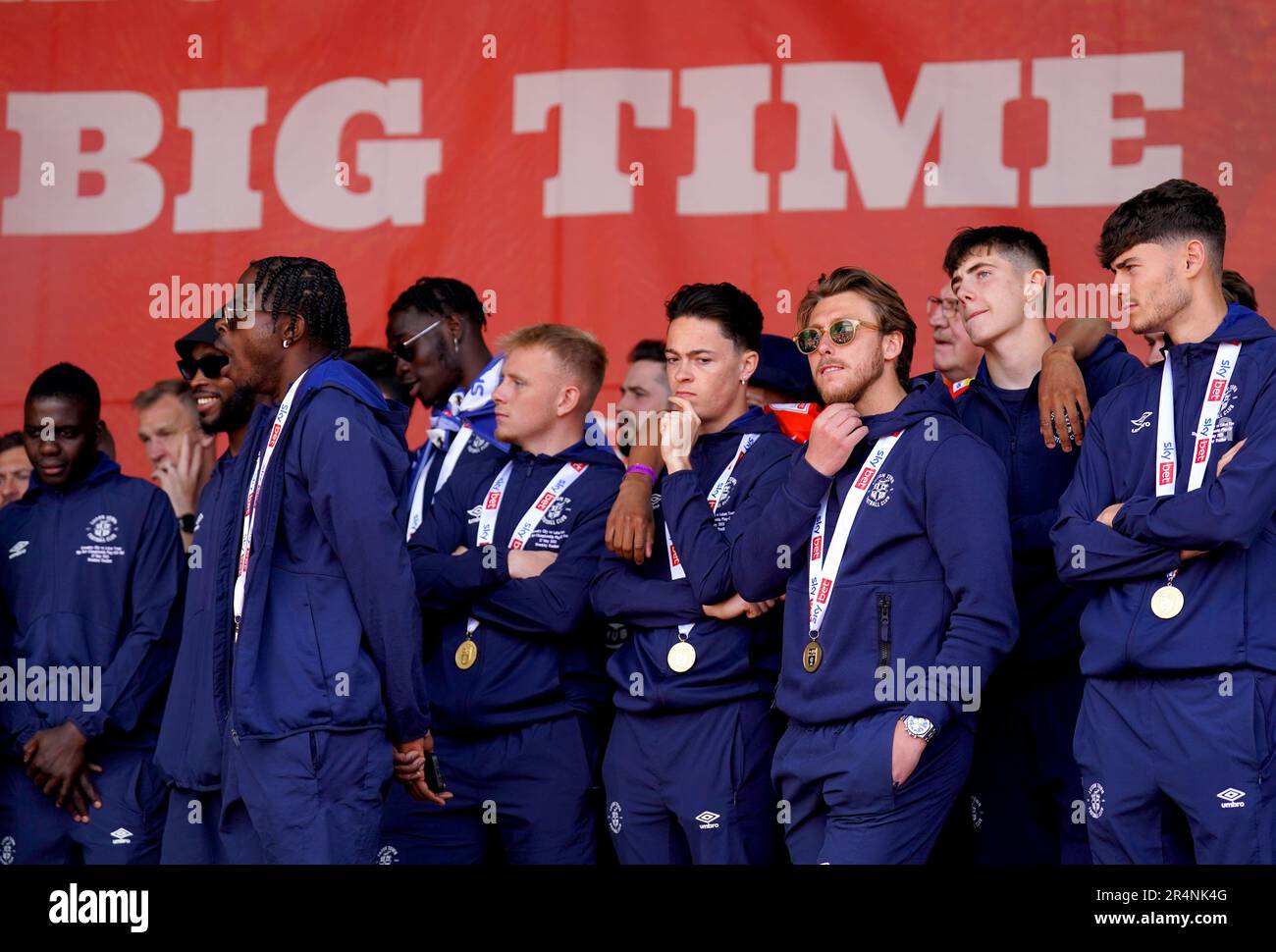 Luton Town players on stage during a promotion celebration in St George ...