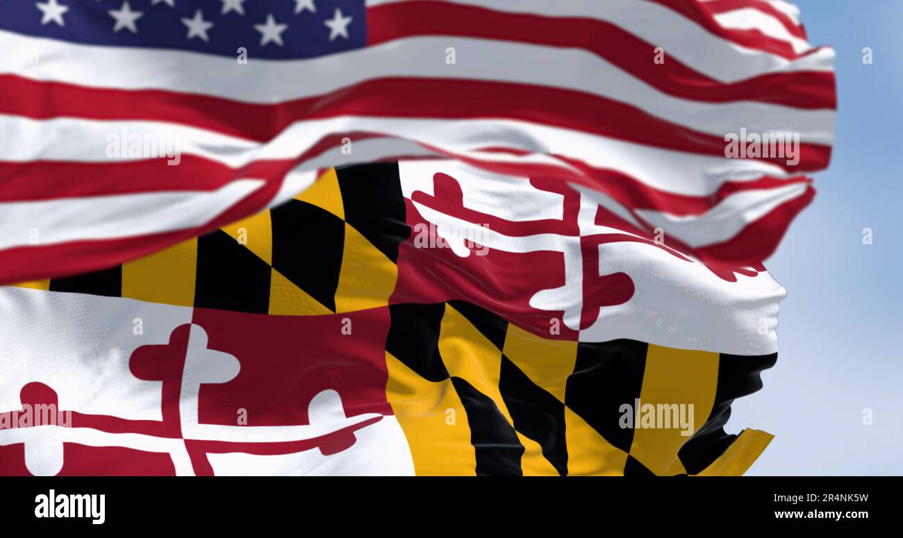 Close-up of Maryland state flag waving in the wind with a blurred ...