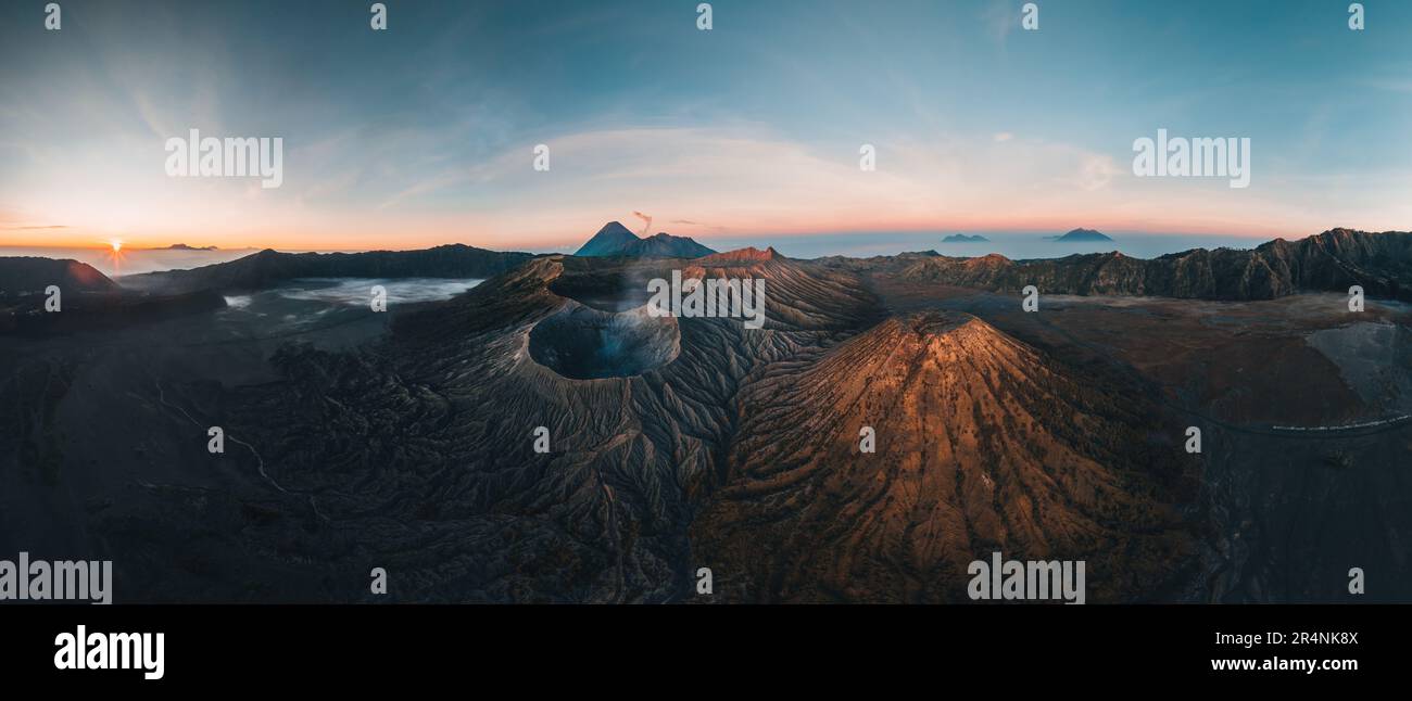 Aerial drone view of Bromo crater Mountain, East Java, Indonesia. man ...