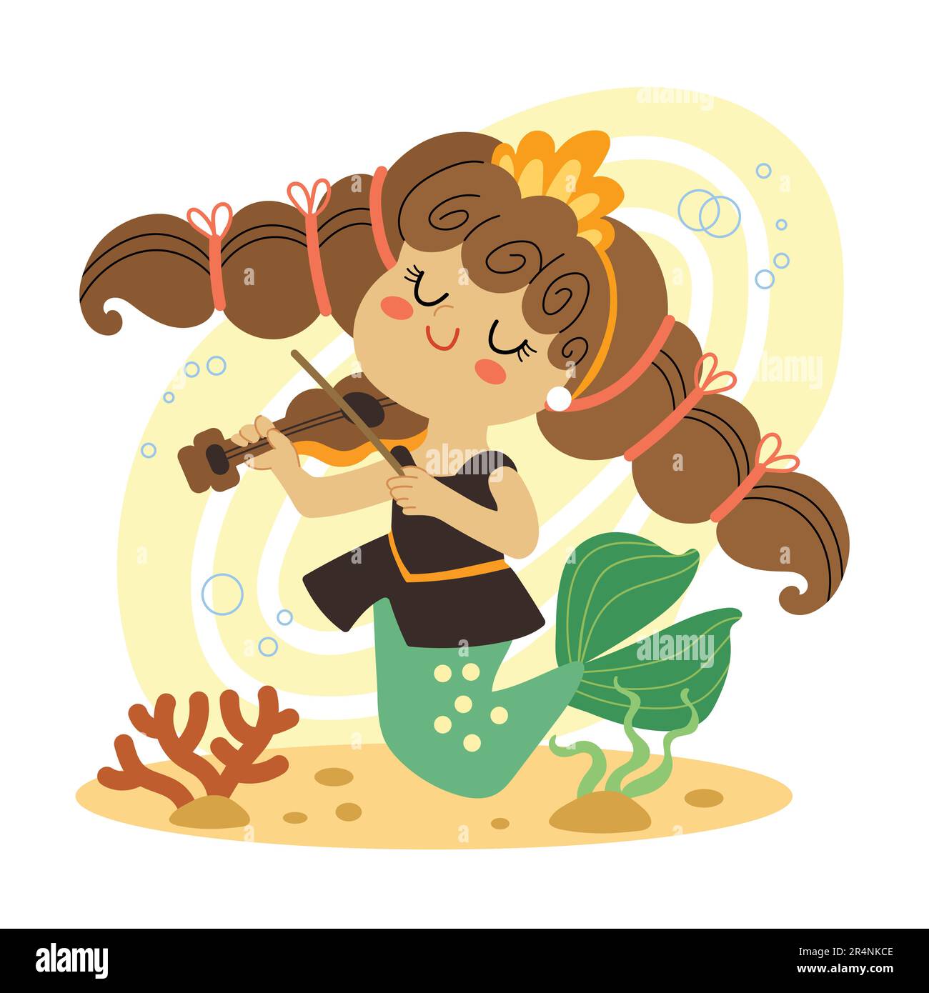 Cute cartoon mermaid musician plays violin. Vector cartoon illustration ...