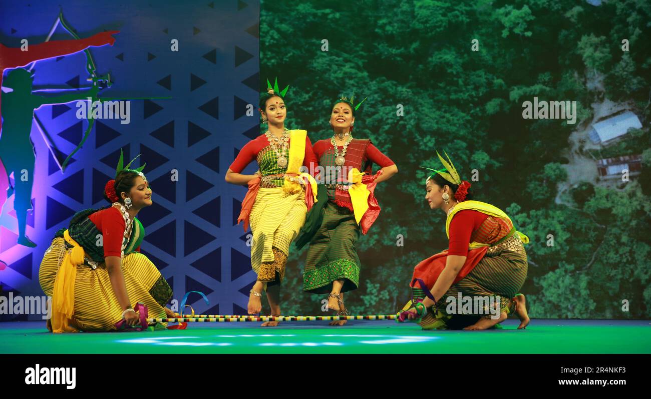 A stage show and tribe dancing performance during a ceremony ‘Sports ...