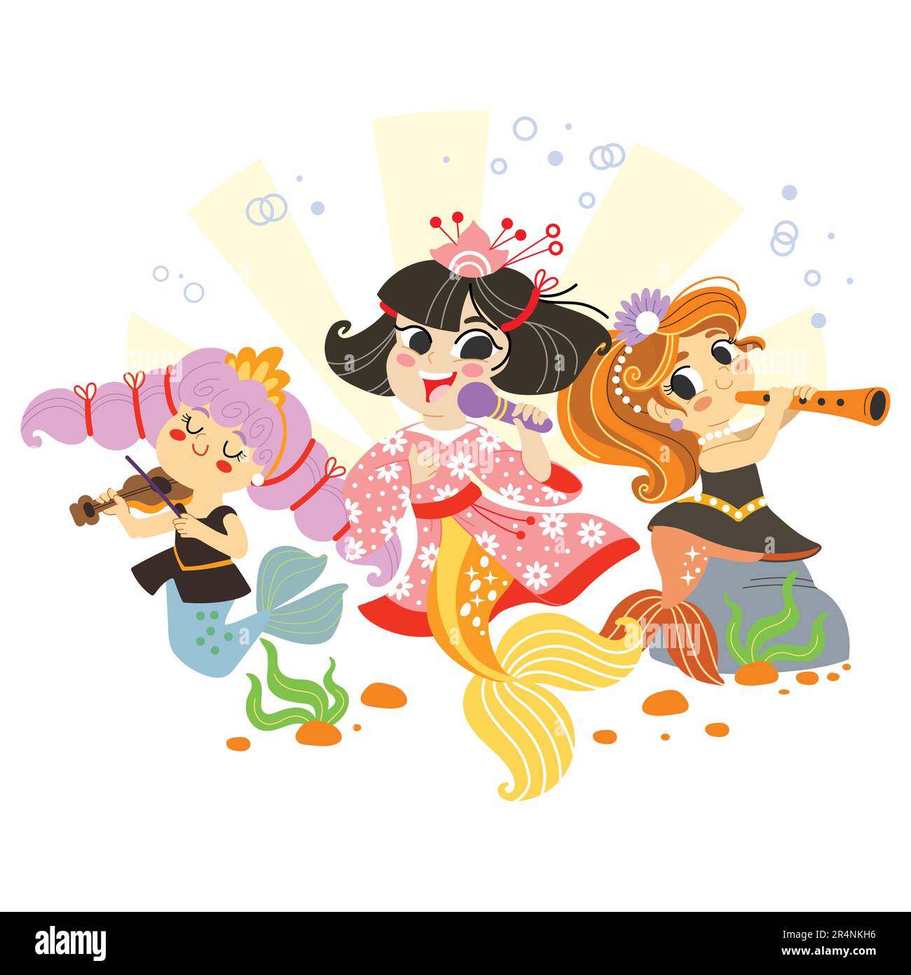 Three cute cartoon mermaids musicians. Vector cartoon illustration in ...