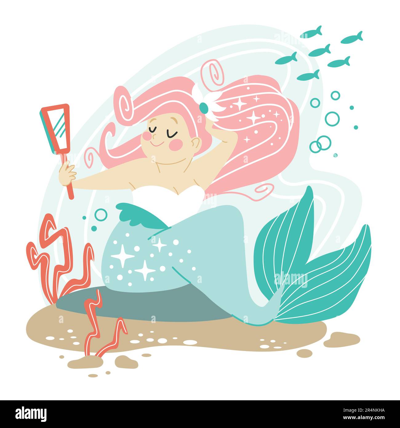 Confident body-positive female mermaid looking in the mirror. Feminism ...