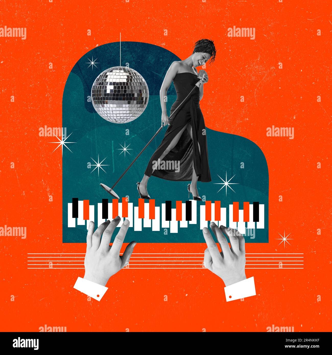 Artistic, young, talented african woman singing in microphone, piano ...
