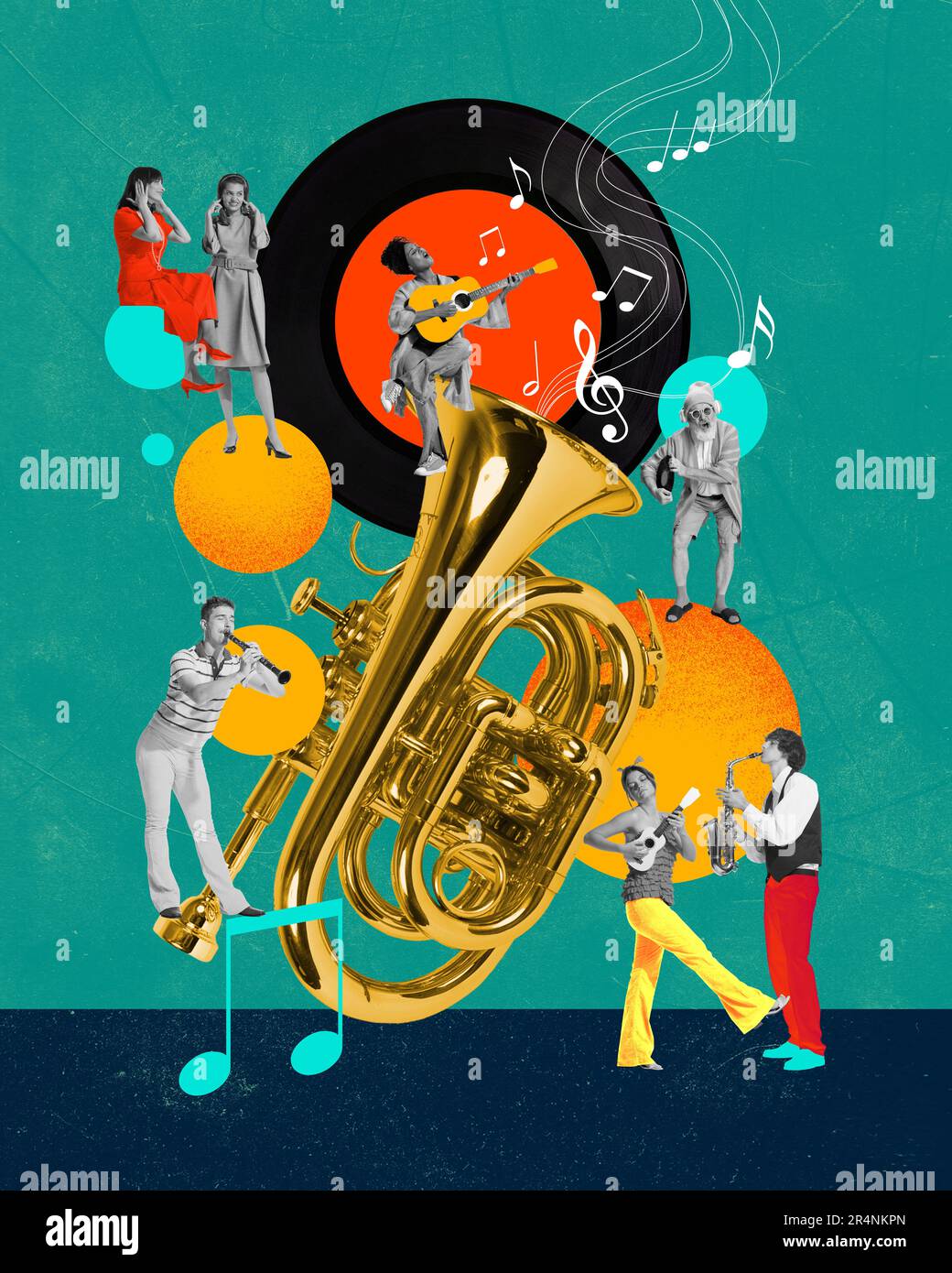 Group of talented, artistic people playing on diverse music instruments ...