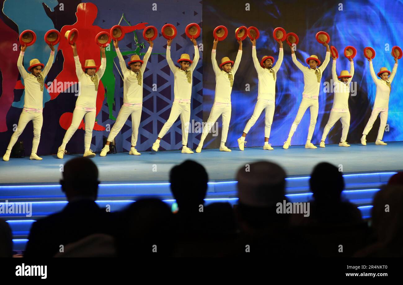 A stage show and tribe dancing performance during a ceremony ‘Sports ...