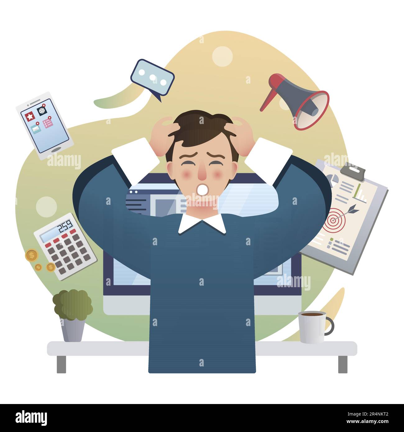 Stress illustration. Man, head, holding, loudspeaker. Editable vector graphic design Stock ...