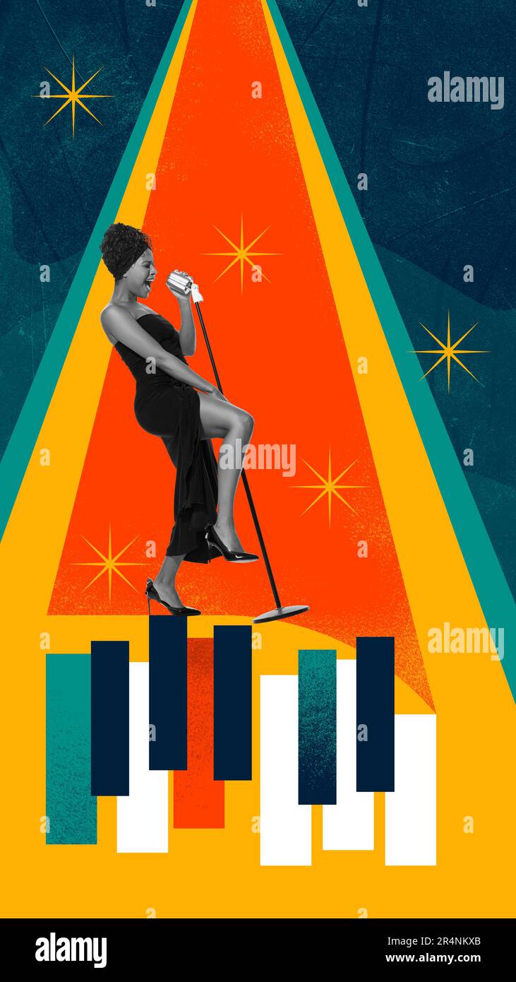 Emotional, expressive, young woman singing with piano music playing ...