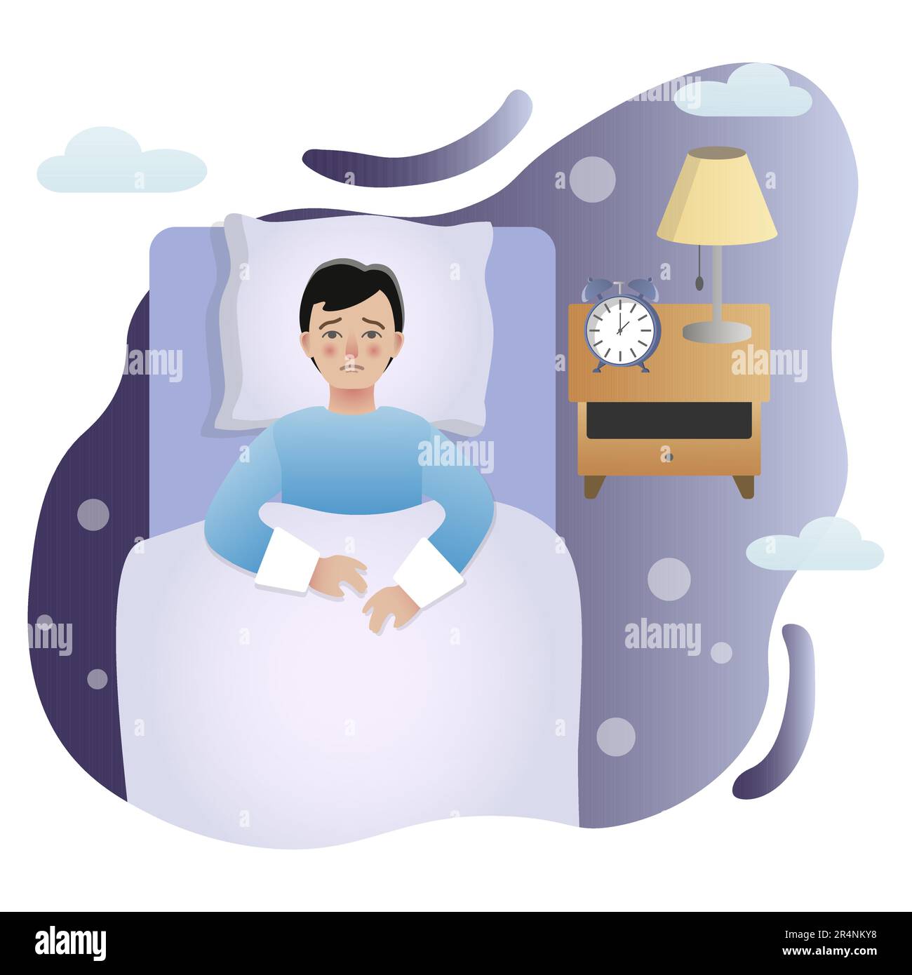 Sleep disorder illustration. Man, clock, bed, lamp. Editable vector ...