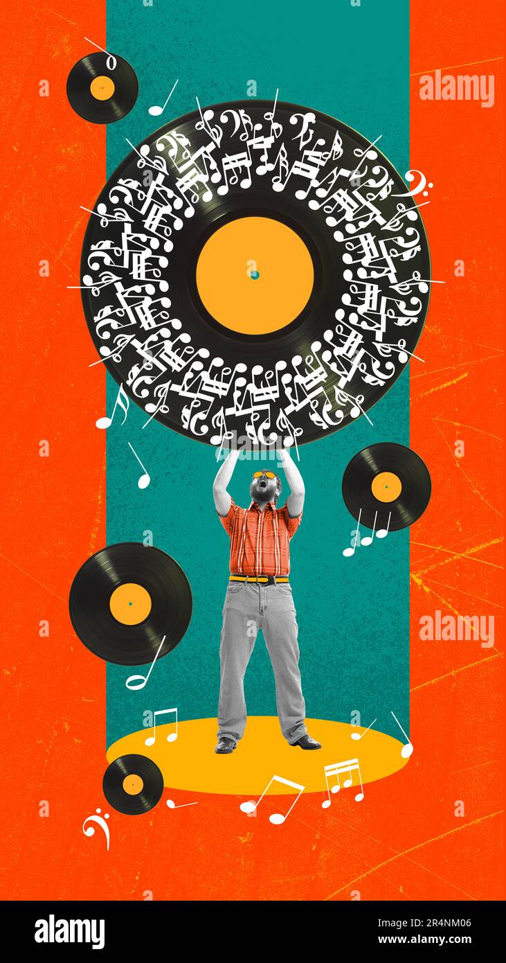 Man listening to music with vital record over vivid background ...