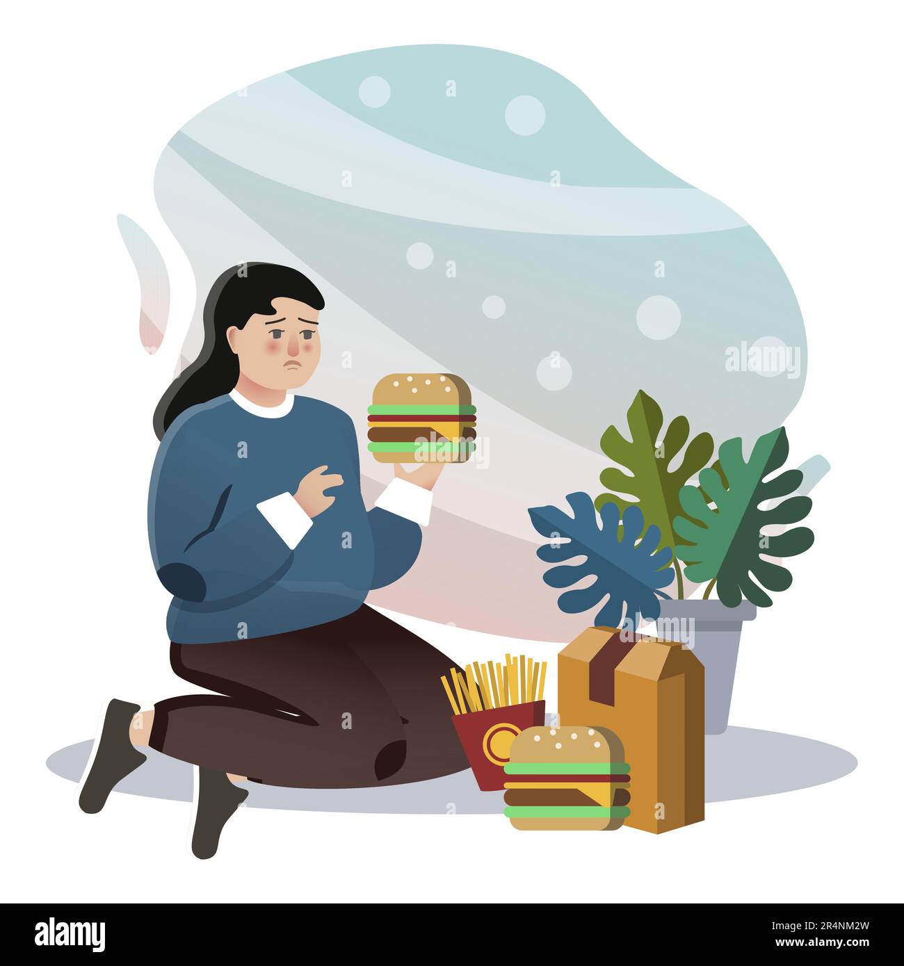 Bulimia illustration. Girl, burger, flower, package. Editable vector ...