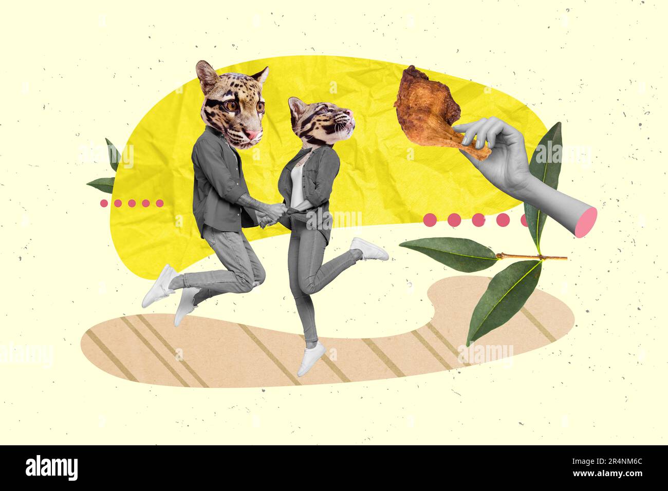 Creative collage picture of black white gamma arm hold fried chicken ...