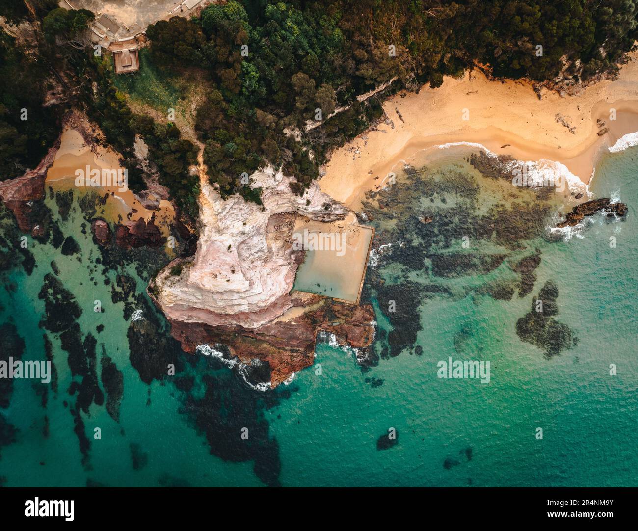 Aerial Drone Shot of Aslings Beach Rock Pool in Eden, New South Wales ...
