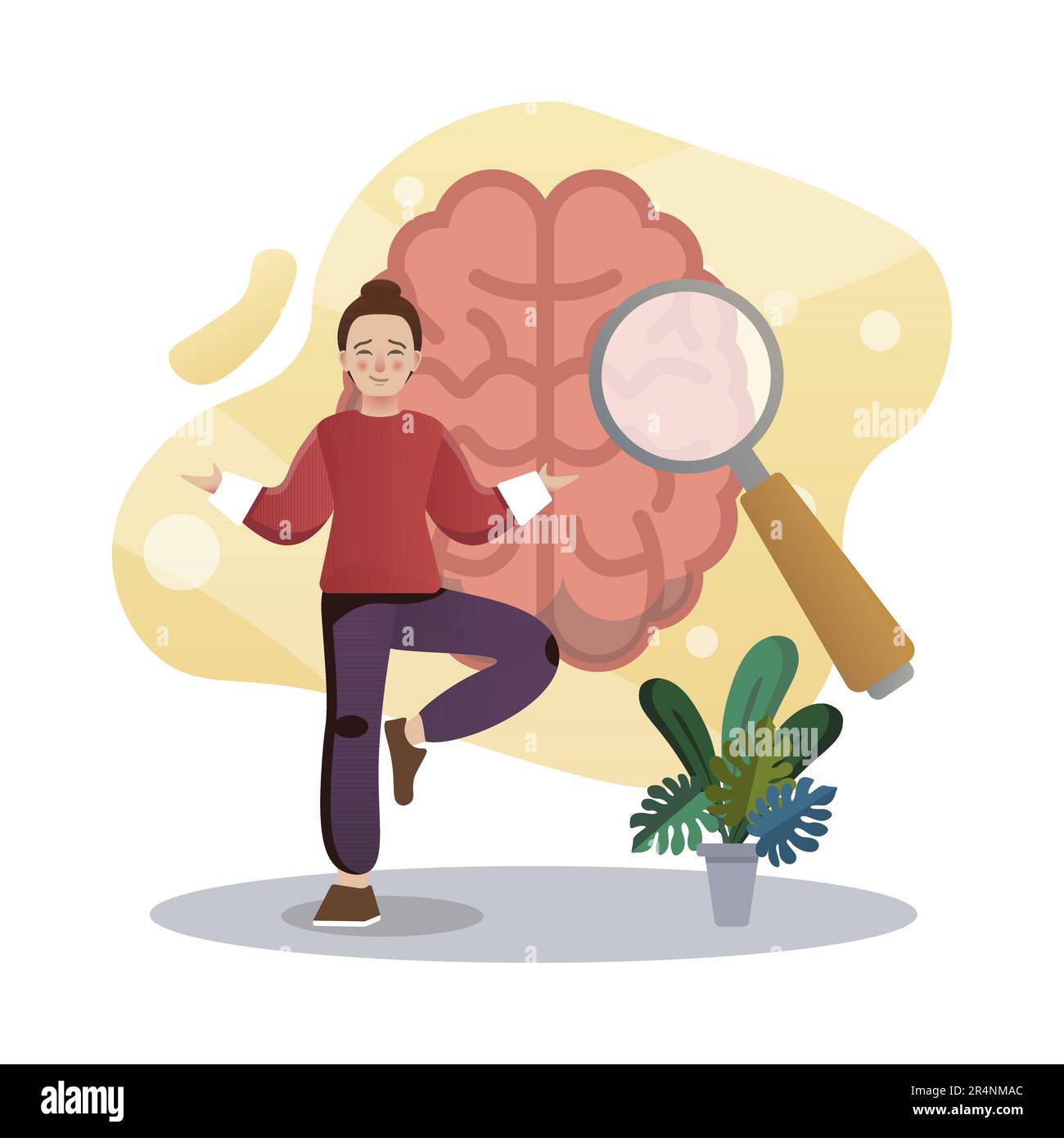 Mental health illustration. Girl, brain, magnifier, flower. Editable ...
