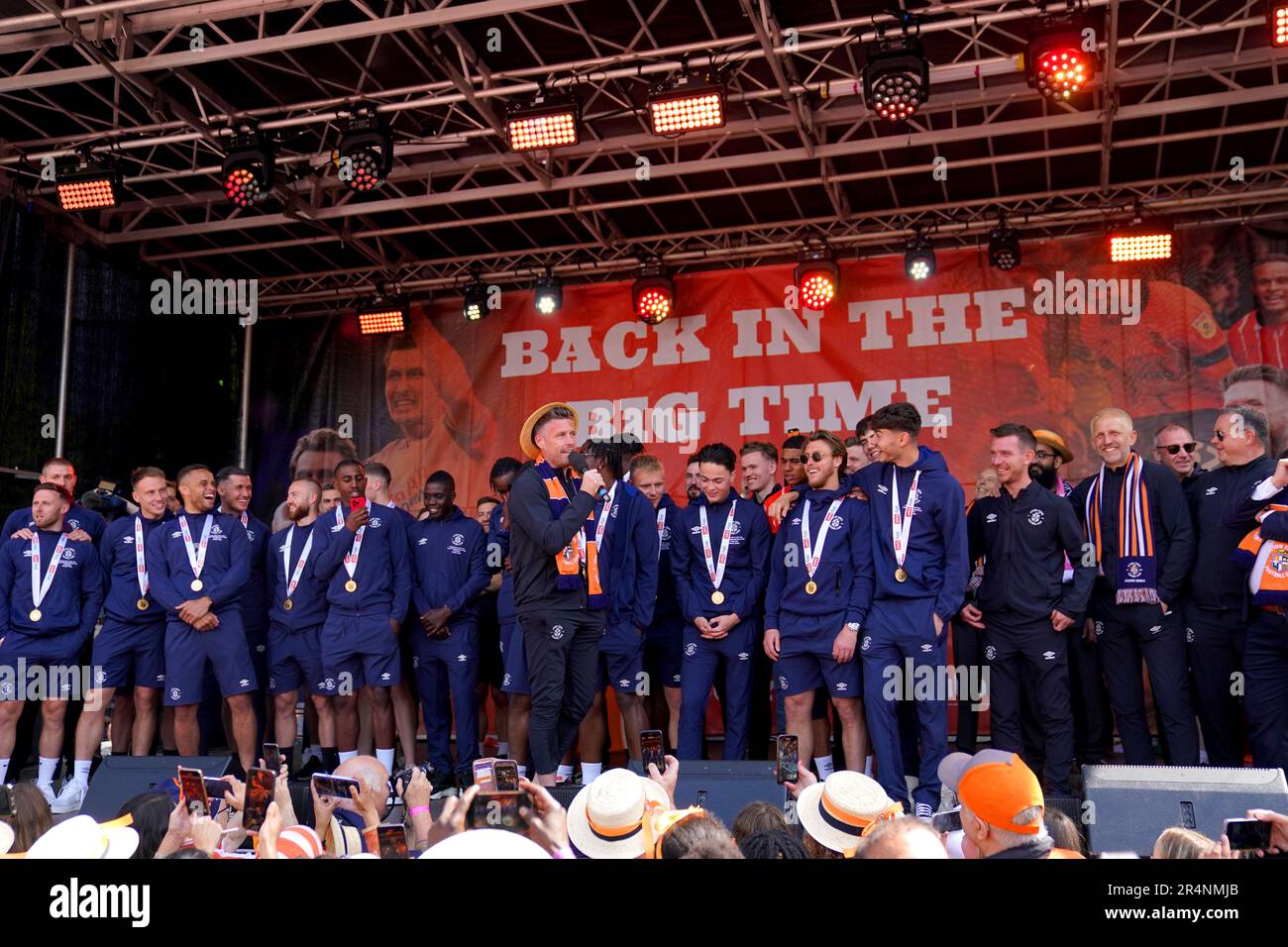 Luton Town manager Rob Edwards on stage during a promotion celebration ...