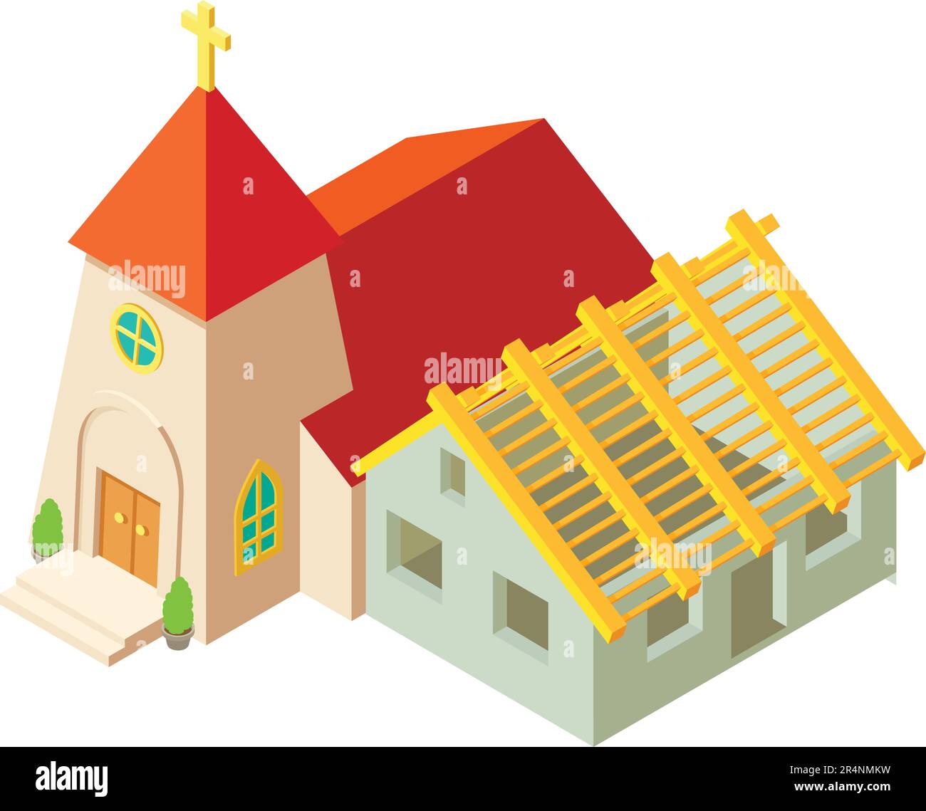 Reconstruction work icon isometric vector. New building near christian ... Reconstruction work icon isometric vector. New building near christian ...