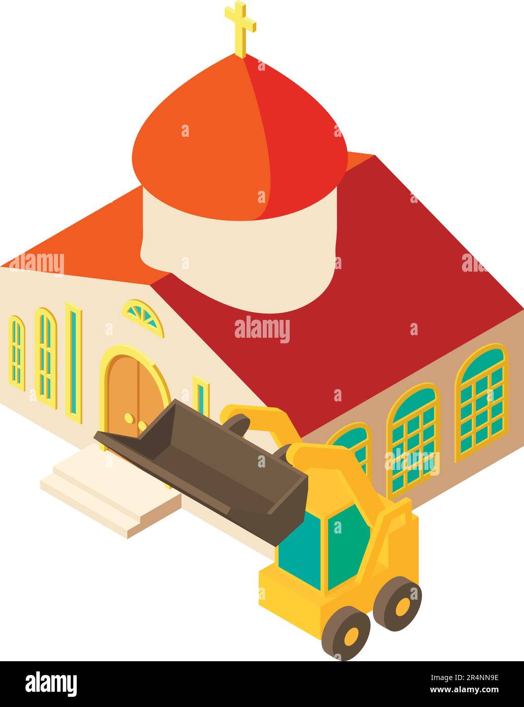 Reconstruction work icon isometric vector. Mini bulldozer near church building. Renovation work ...