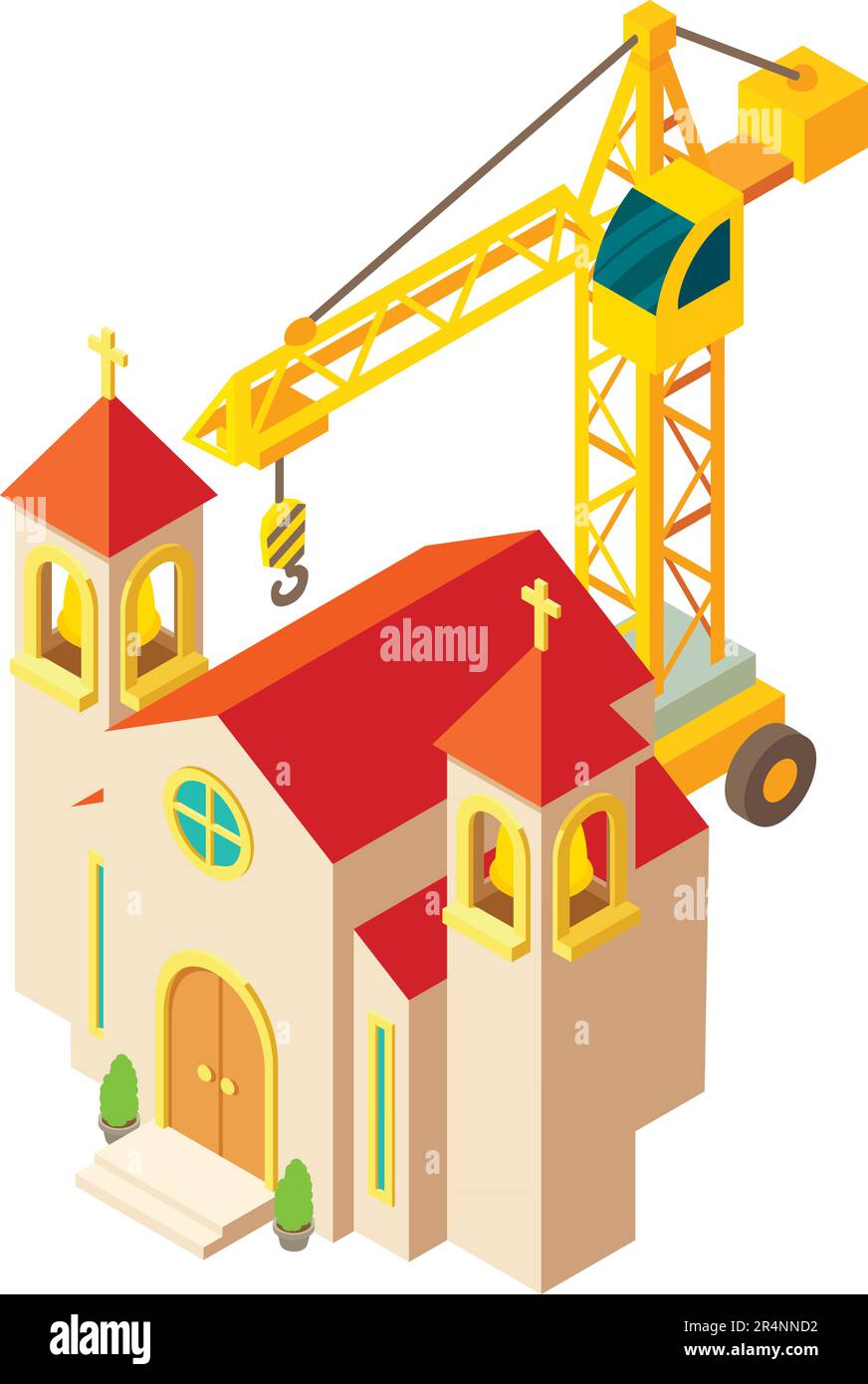 Church construction icon isometric vector. Construction crane near new ...