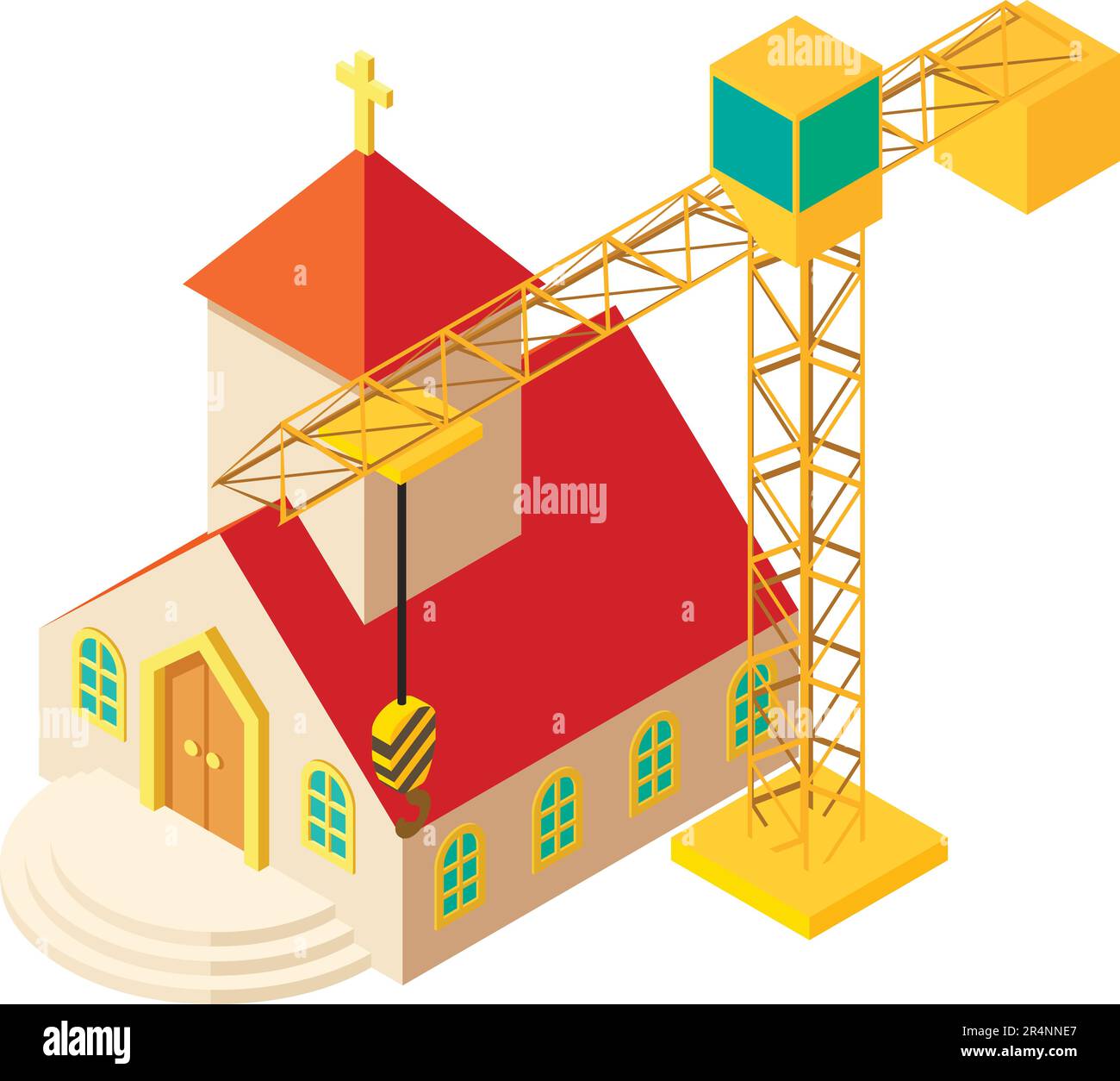 Church construction icon isometric vector. Construction crane near new ...
