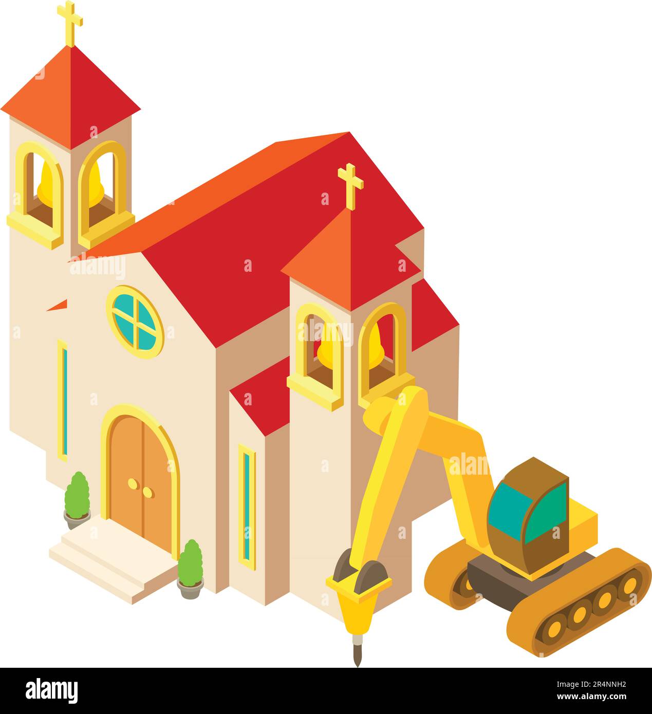 Building site icon isometric vector. Excavator hammer near church building icon. Drilling work ...