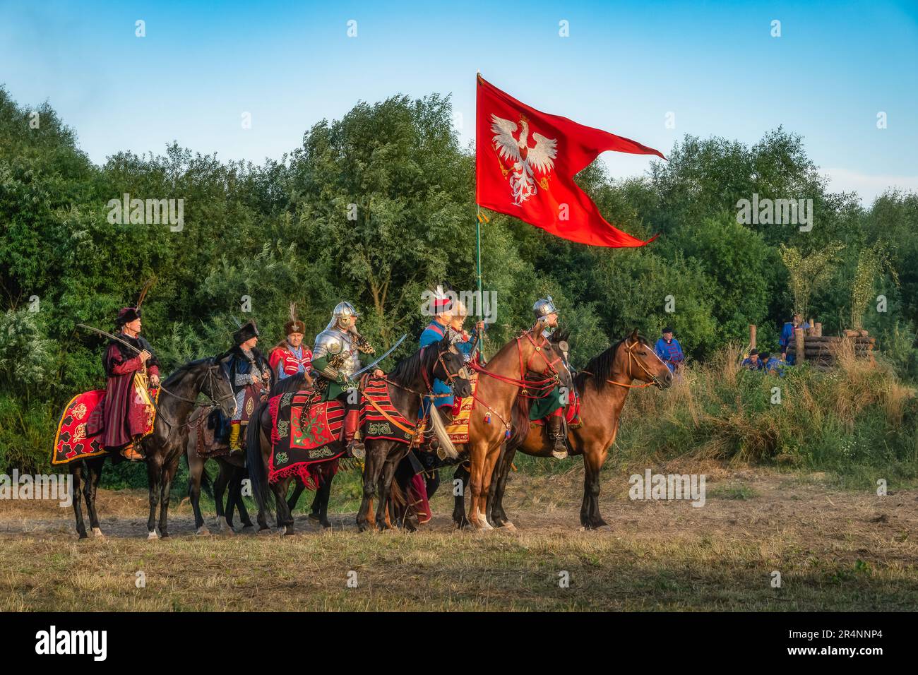 Gniew, Poland, Aug 2020 Polish Hussars and nobility on horses under ...