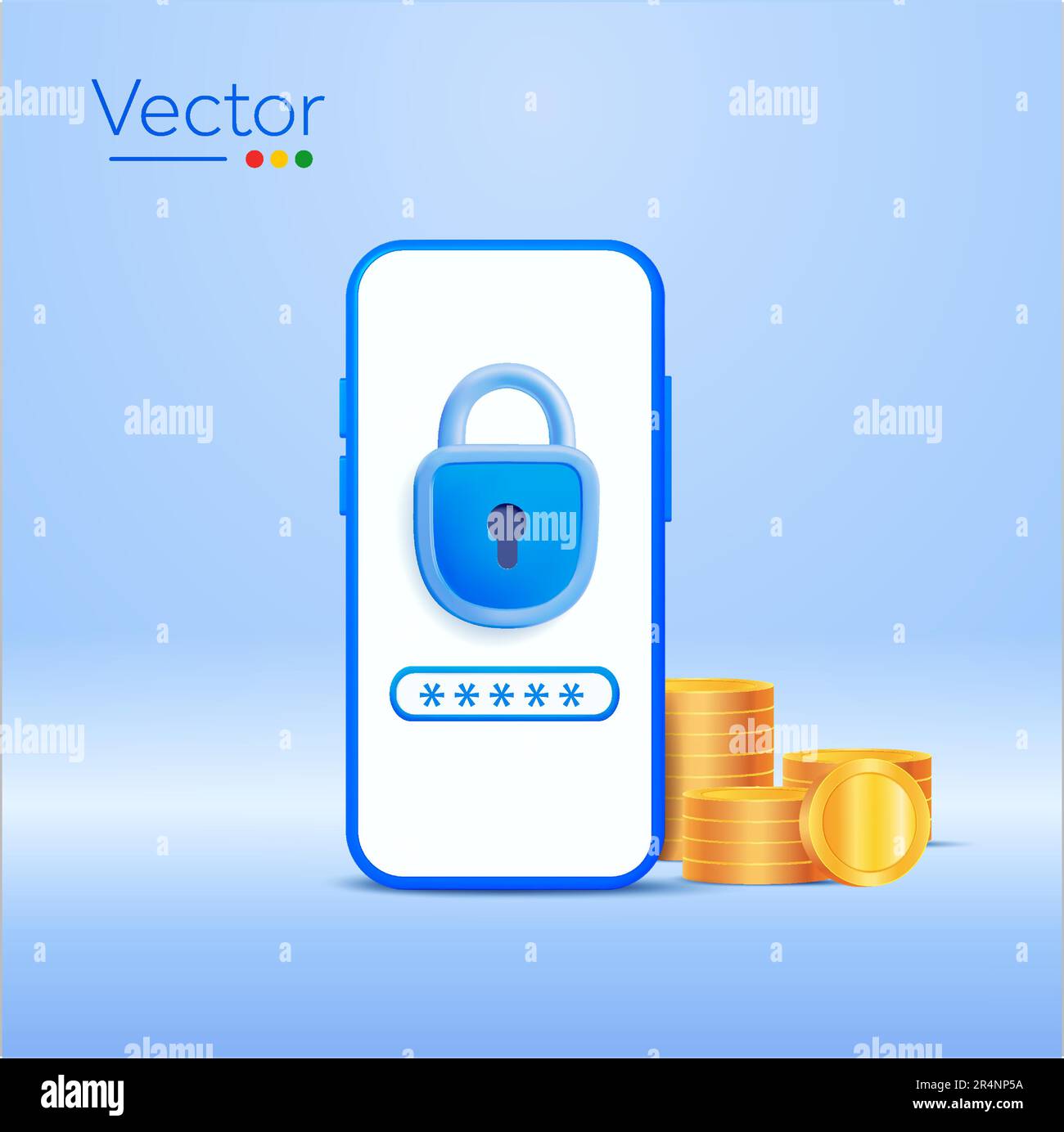 3d phone with lock password screen, stacks of coins, isolated on ...
