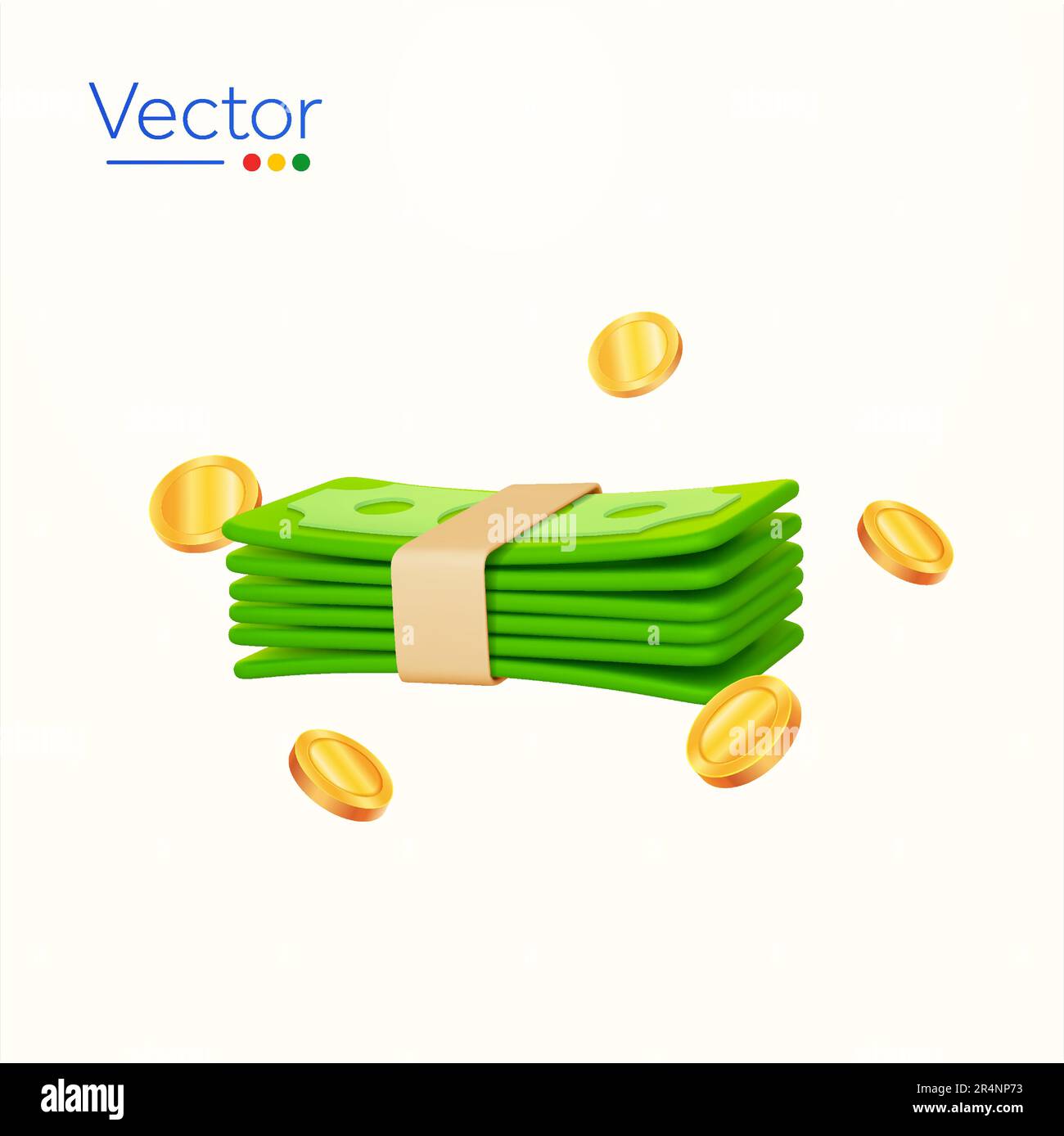 3d stack of dollars with floating coins around, isolated on background ...