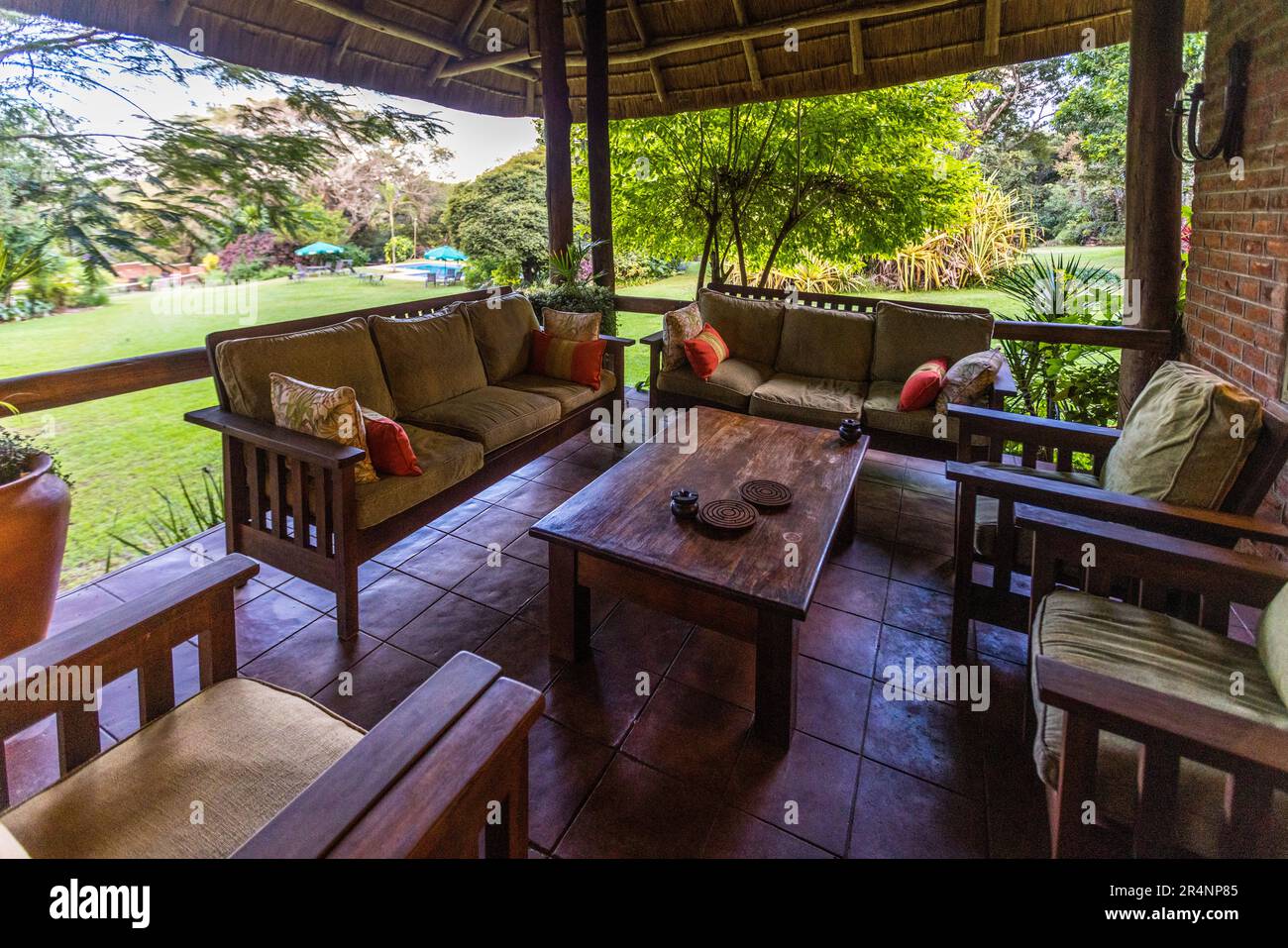 Terrace Kumbali Country Lodge near Lilongwe and view into the garden ...