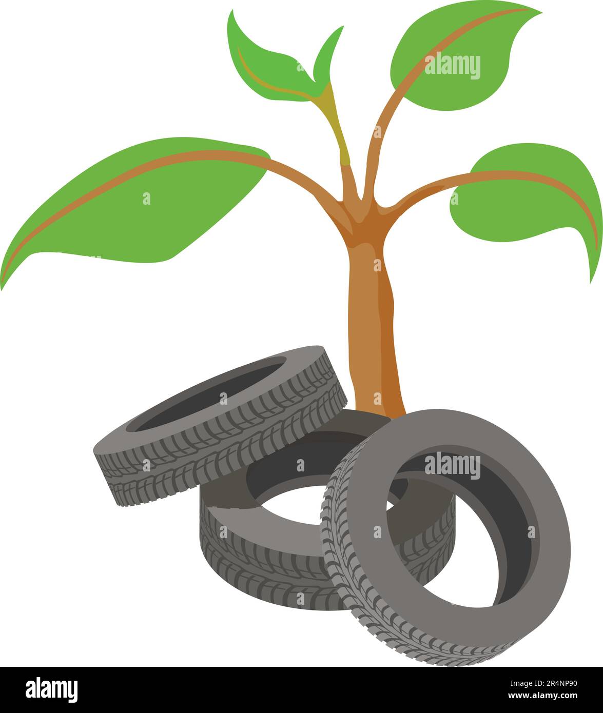 Reuse concept icon isometric vector. Worn car tire and branch with green leaf. Recycling ...
