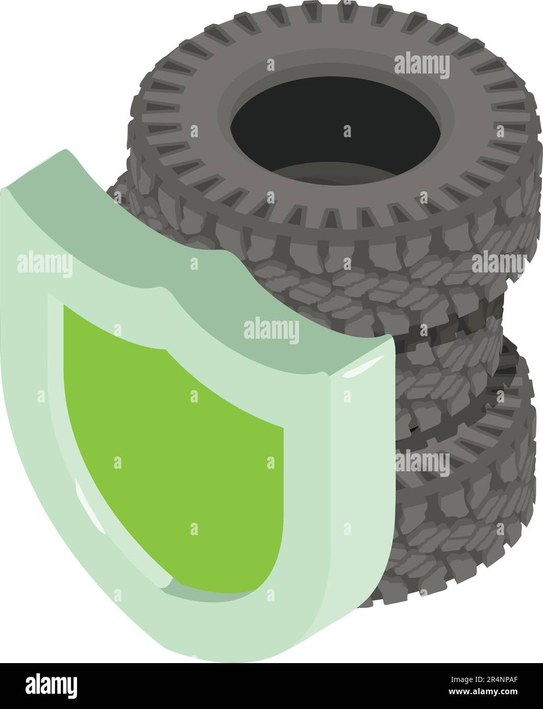Regenerated tire icon isometric vector. Old worn car tire and green shield icon. Protection ...