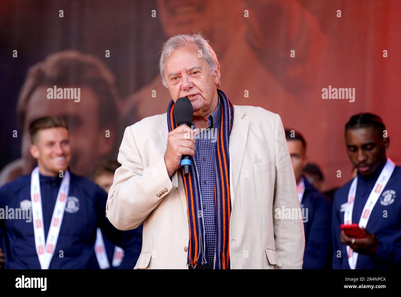 Luton Town chairman David Wilkinson speaks to fans during a promotion ...