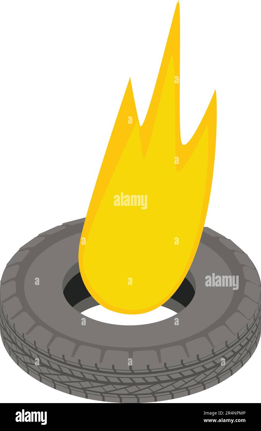 Burning tire icon isometric vector. Old worn car tire and flame tongue ...