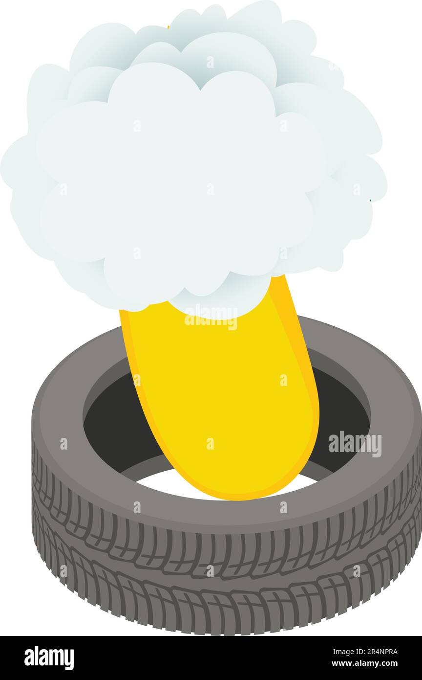 Burnt wheel icon isometric vector. Old worn car tire and flame tongue ...