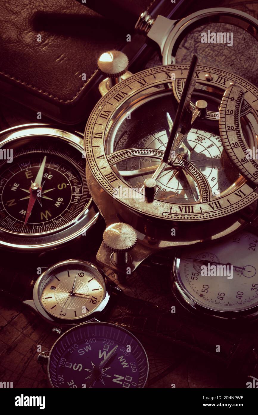 Old vintage compass and travel instruments on ancient map Stock Photo ...
