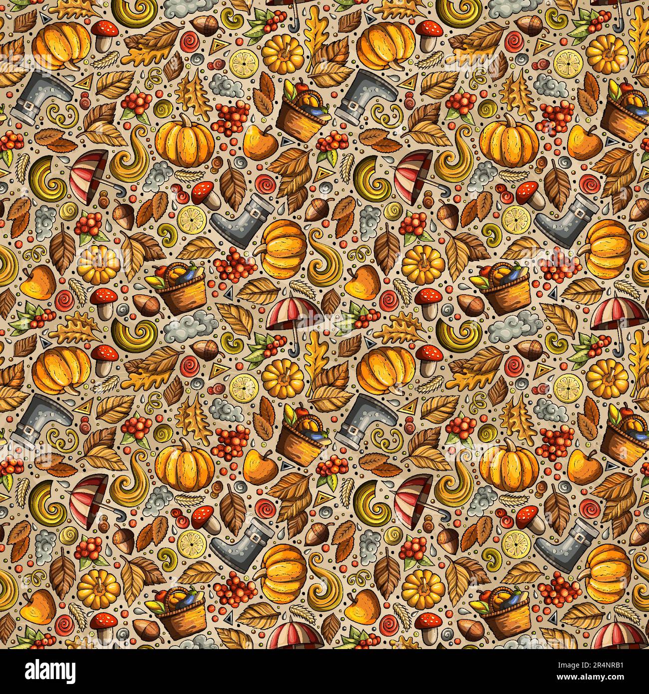 Cartoon cute Autumn seamless pattern. Colorful detailed, with lots of ...