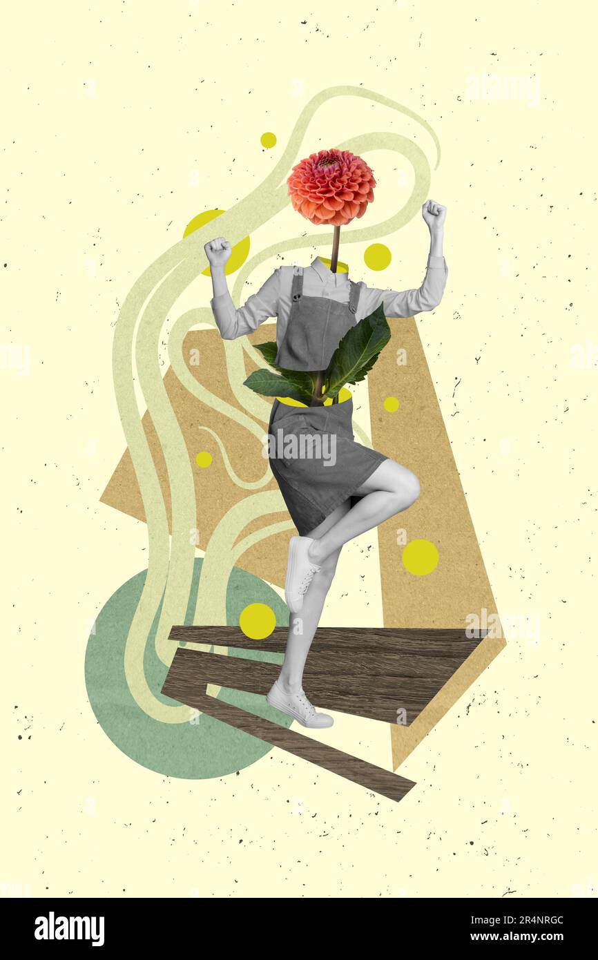 Vertical collage picture of black white effect girl flower instead head ...