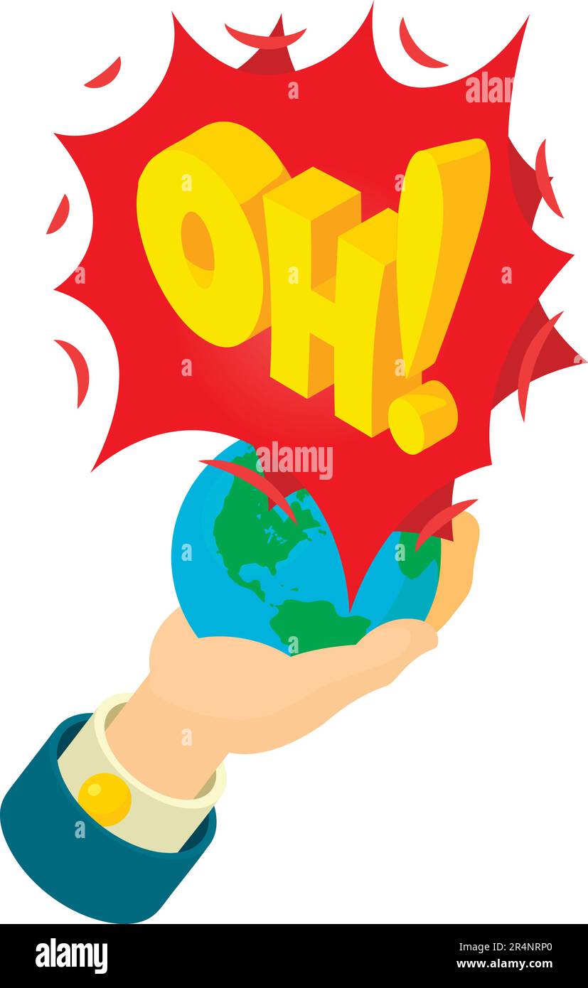Oh icon isometric vector. Planet earth in human hand and oh speech ...