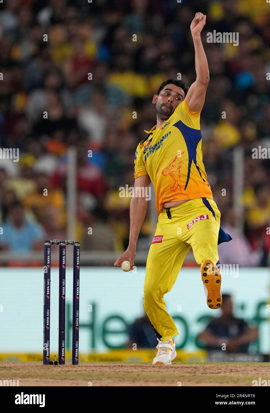 Chennai Super Kings' Deepak Chahar bowls a delivery during the Indian ...