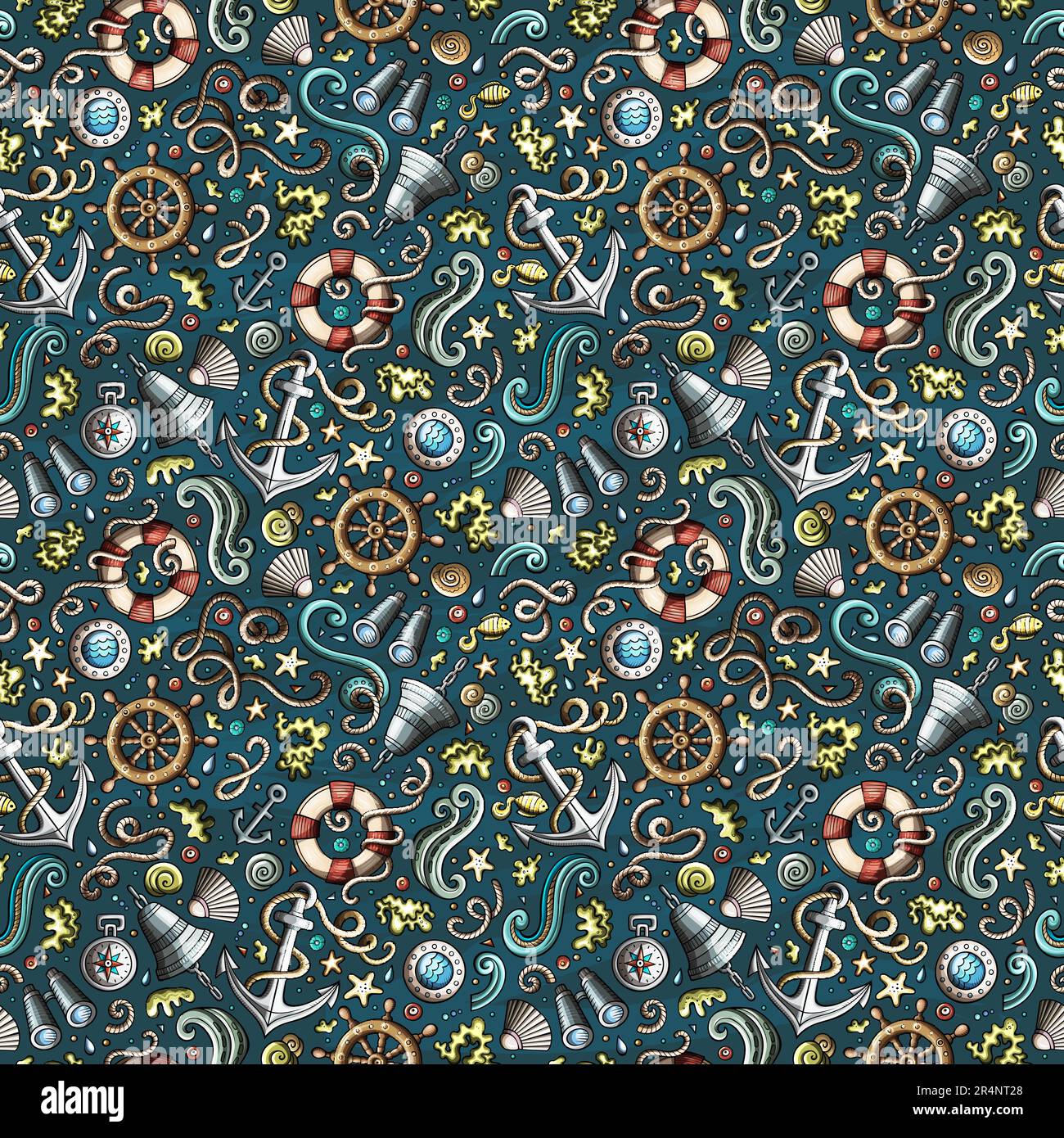 Cartoon doodles Nautical seamless pattern. Backdrop with maritime ...