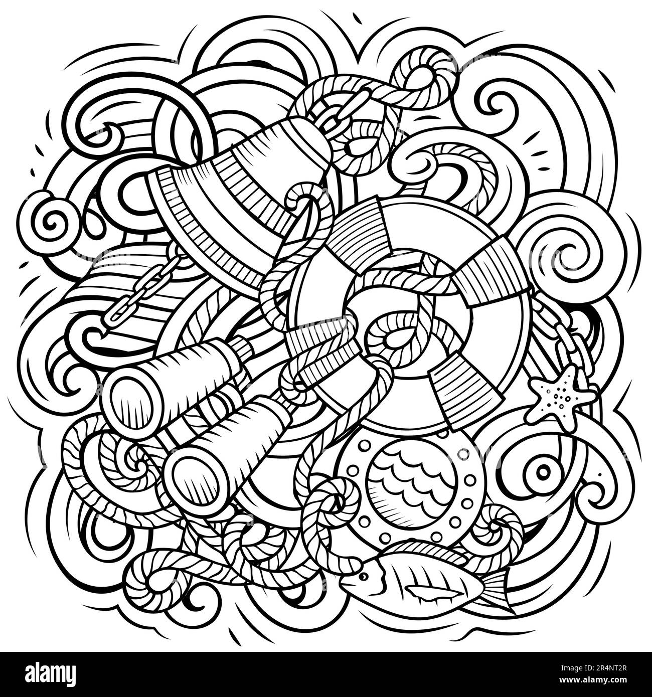 Nautical cartoon vector illustration. Sketchy detailed composition with ...