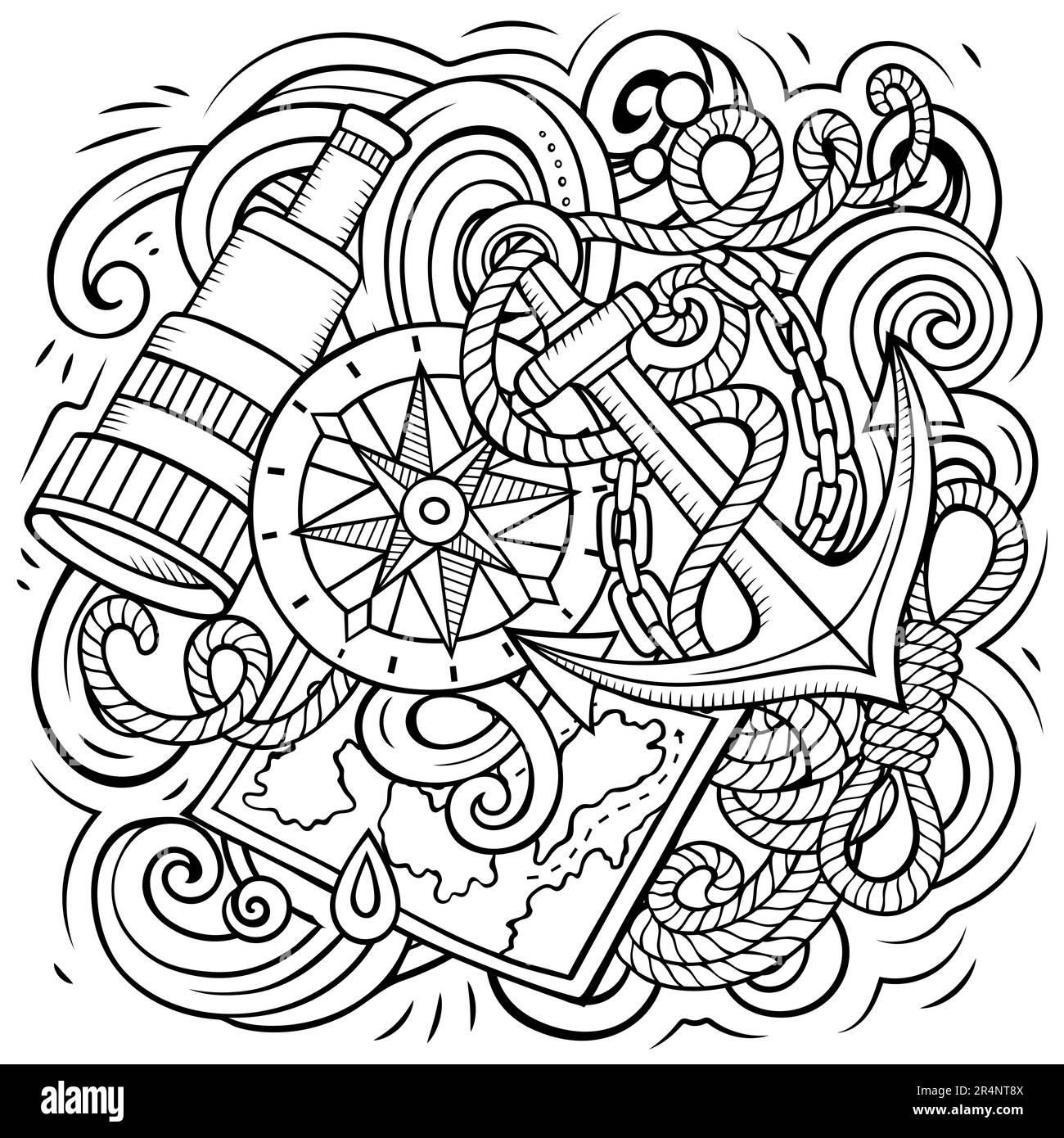 Nautical cartoon vector illustration. Sketchy detailed composition with ...