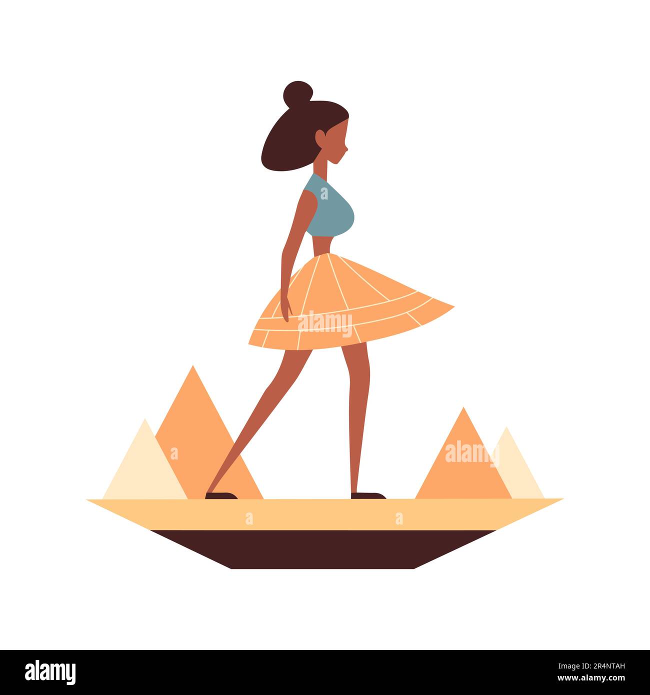 Cartoon woman against background of Egyptian pyramids. Travel service ...