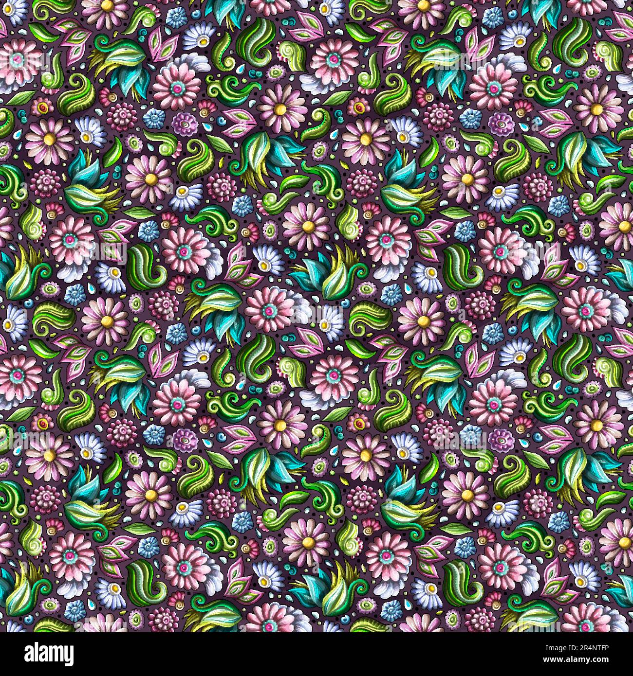 Cartoon cute Spring flowers seamless pattern. Colorful detailed, with ...