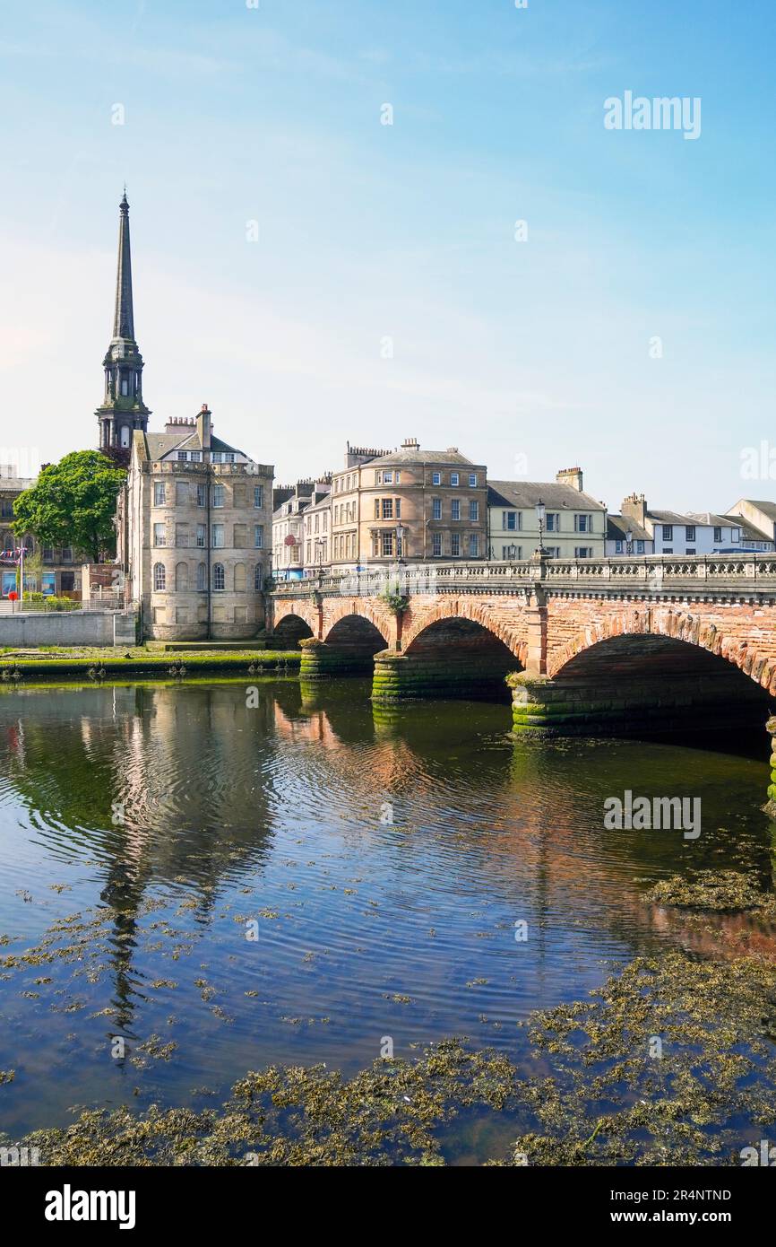 View west along the River Ayr towards Ayr New Bridge with the clock ...