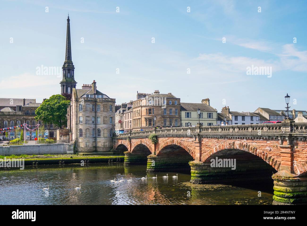 View west along the River Ayr towards Ayr New Bridge with the clock ...