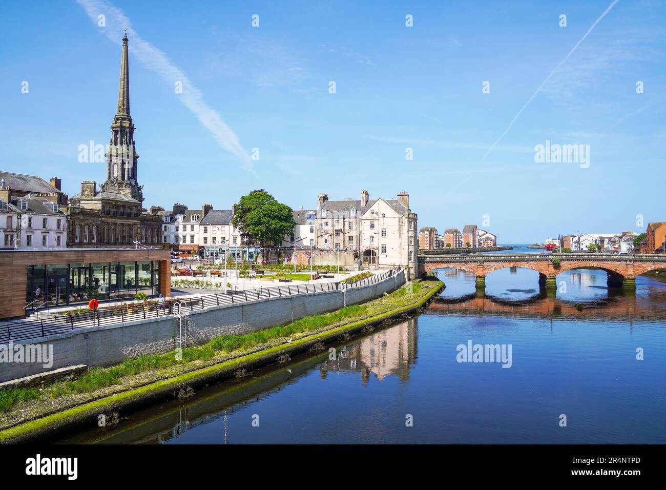View west along the River Ayr towards Ayr New Bridge with the clock ...