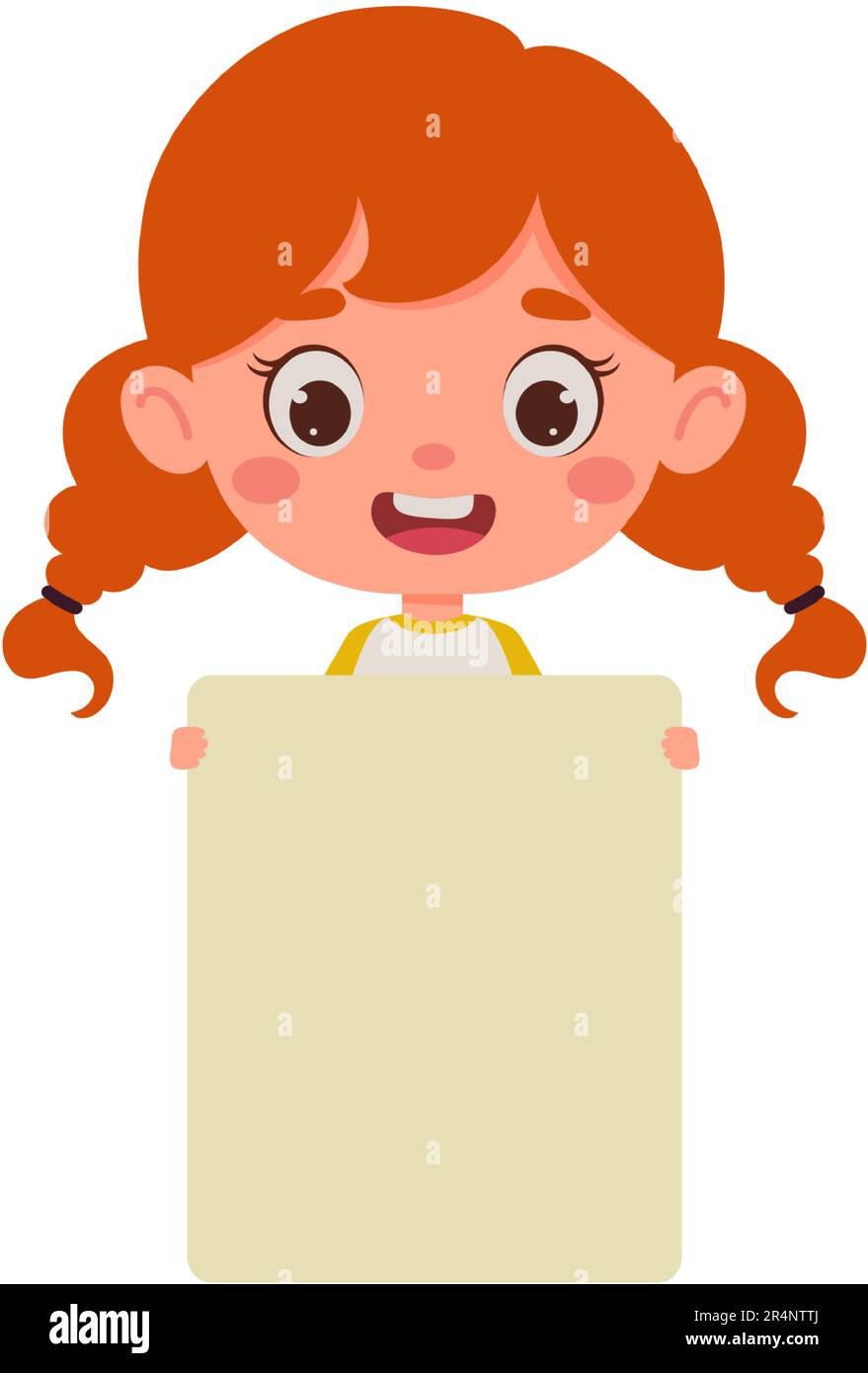 Cute little kid girl with red hair holding empty blank board. Cartoon ...