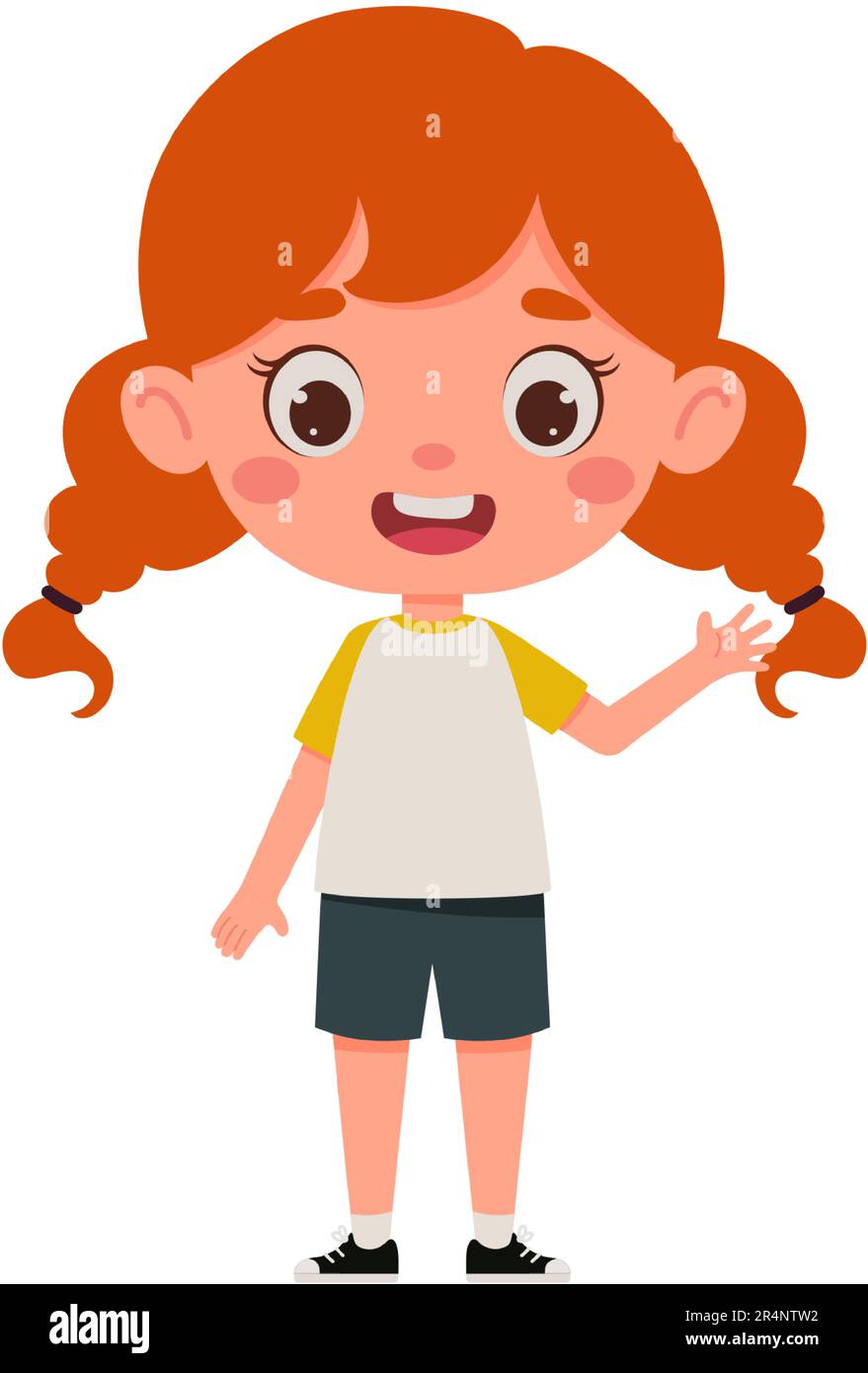 Cute cartoon little girl with red hair waving her hand. Little ...
