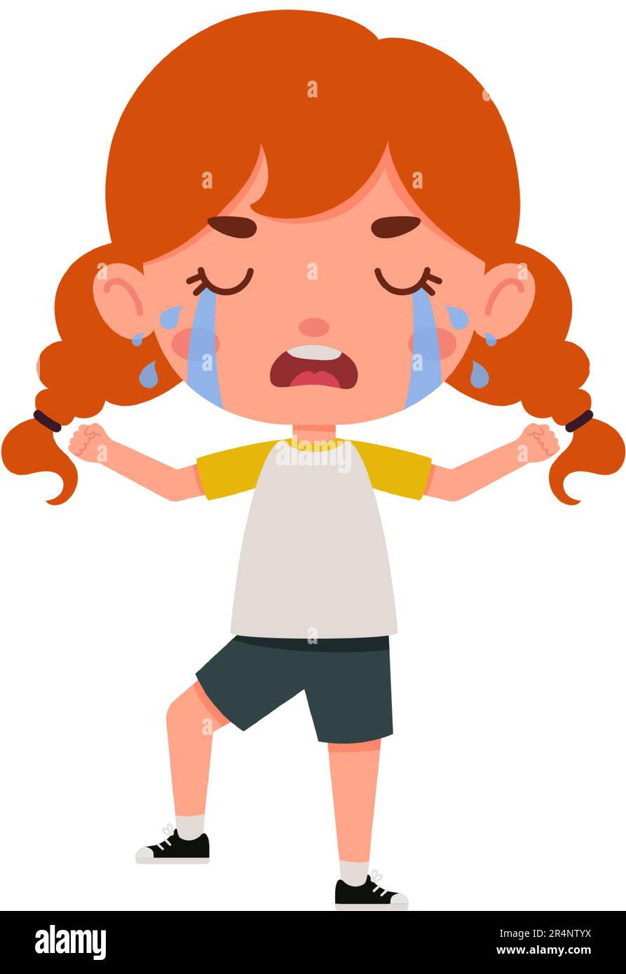 Cute little kid girl with red hair cry. Cartoon schoolgirl character ...
