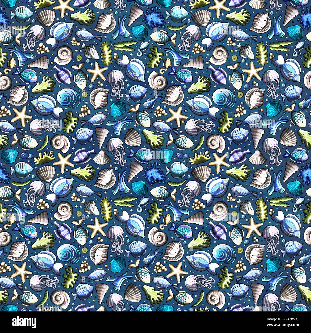 Cartoon cute hand drawn sea life seamless pattern. Colorful detailed ...